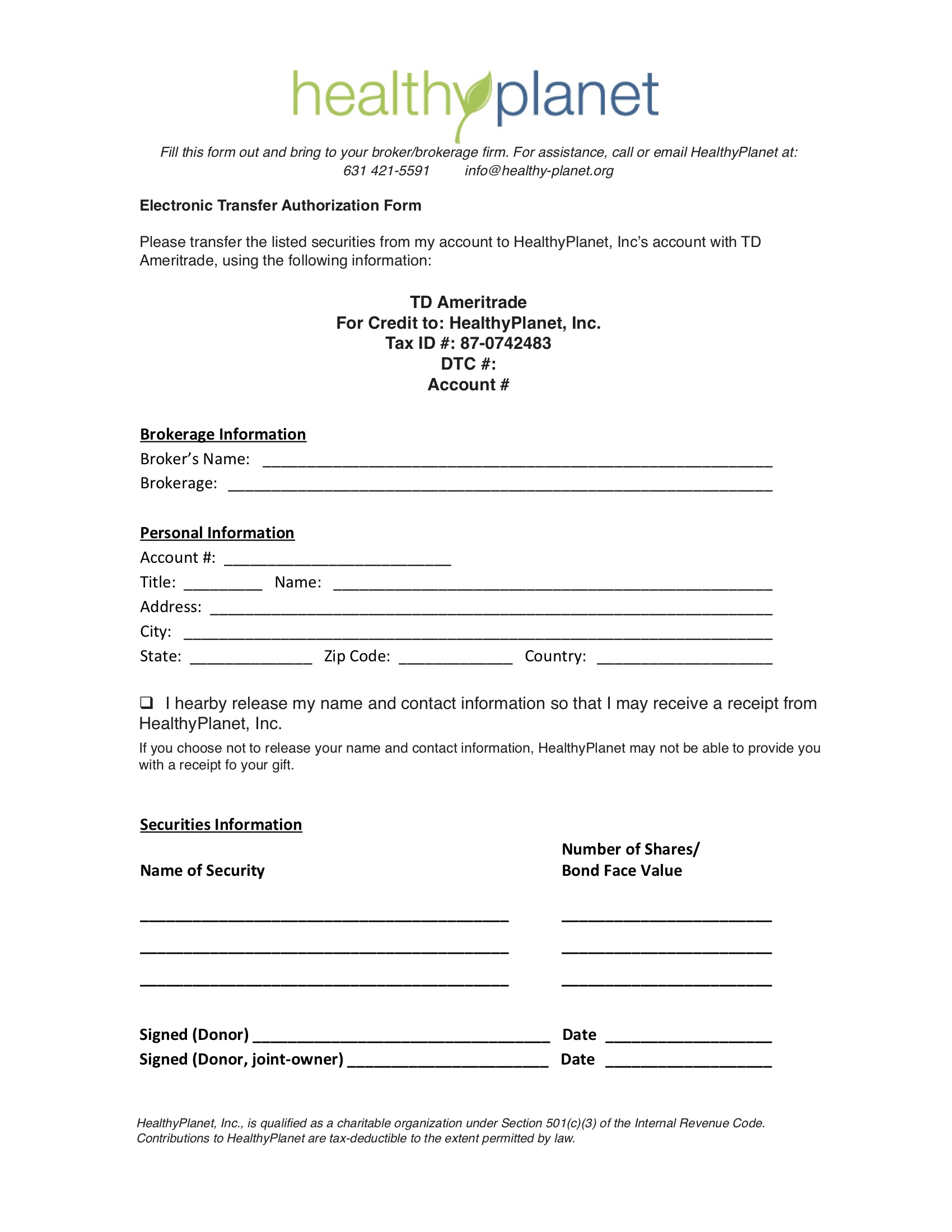 Electronic Transfer Authorization Form | HealthyPlanet
